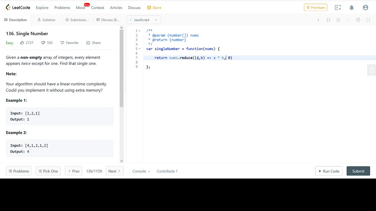 LeetCode 136. Single Number JavaScript Solution: One Line