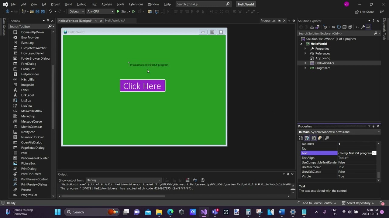 Intro to C# Visual Studio - Adding a Label Control