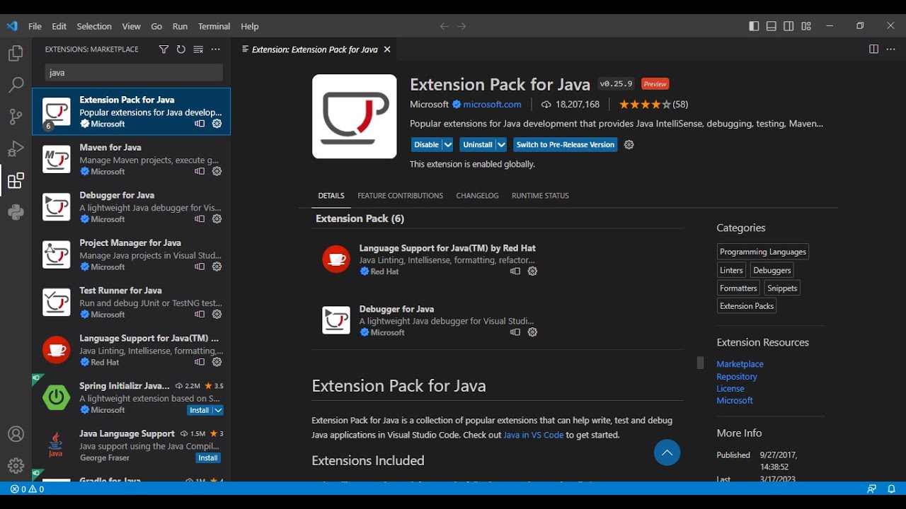 Error while installing 'Extension Pack for Java' extension. Please check the [log] for more details.