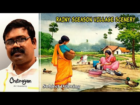 | Village Scenery Drawing Step By Step With Watercolor | Rainy Season Village Scenery Drawing |