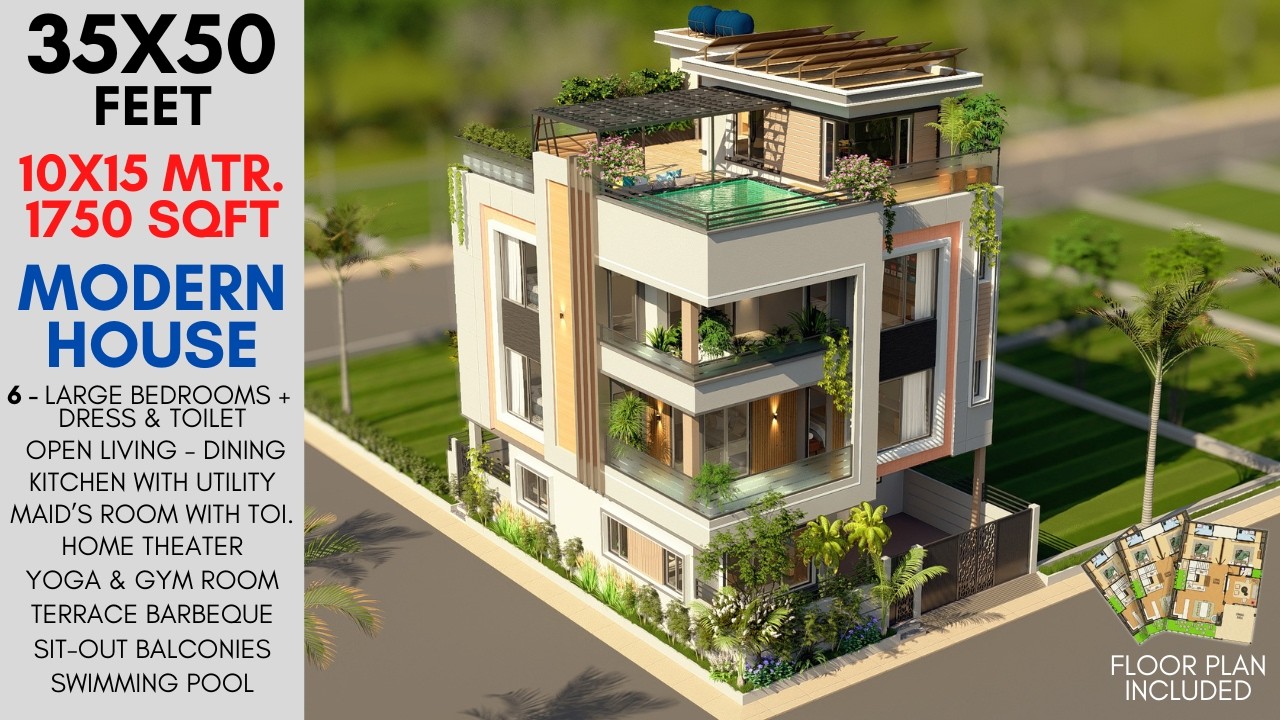 35x50 Modern House Design | 6BHK with Home Theater & Pool | Floor Plans | 10×15 Mtr. LOT | ID-249