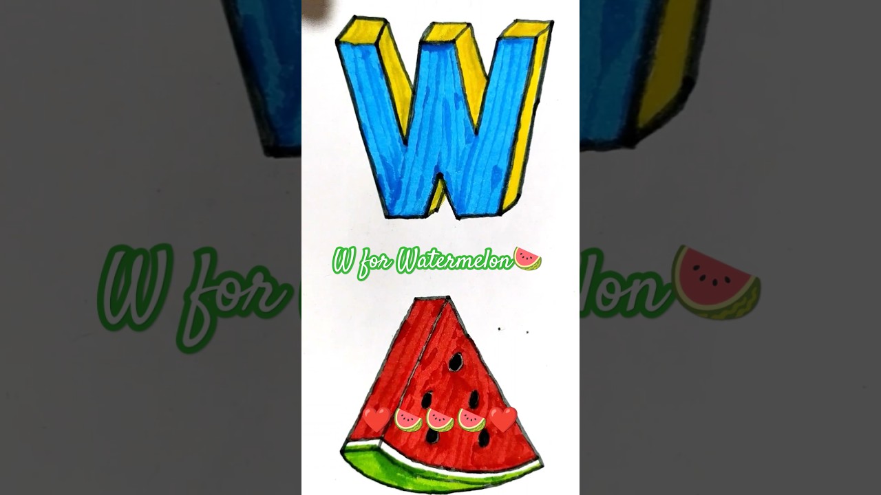 3D letter W drawing with watermelon🍉 #shorts #drawing #watermelon
