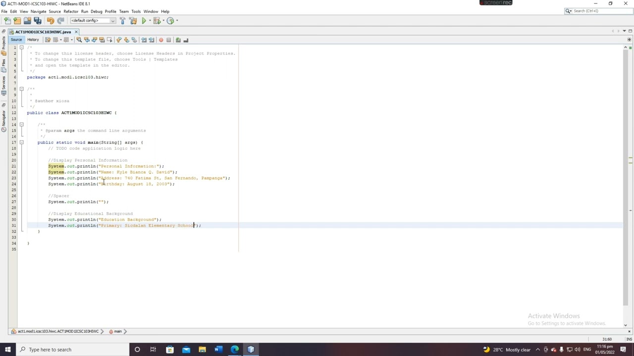 1st Java Program - Personal Information