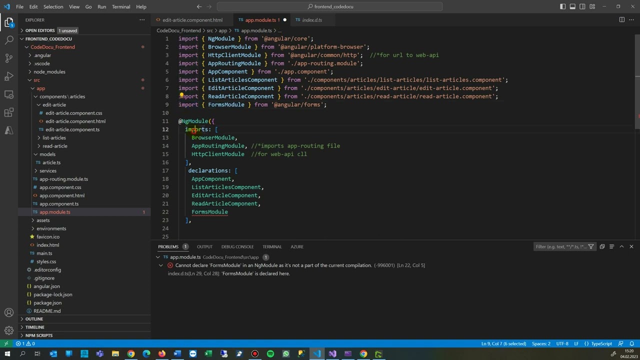 Angular Cannot declare 'FormsModule' in an NgModule as it's not a part of the current compilation.
