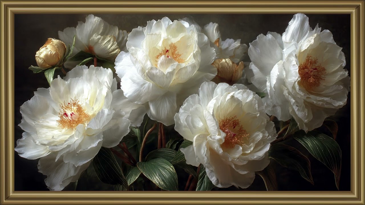 4K White Peonies | Golden Framed TV Wall Art 