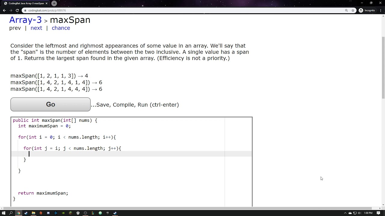 Coding Bat Java - Arrays 3 - Max Span