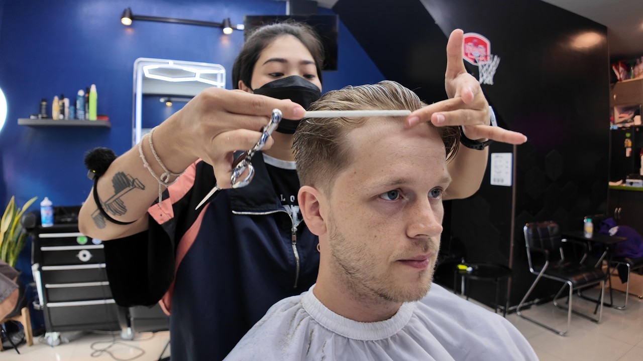 $25 FULL SERVICE Haircut by Champion Thai Lady Barber (ASMR)