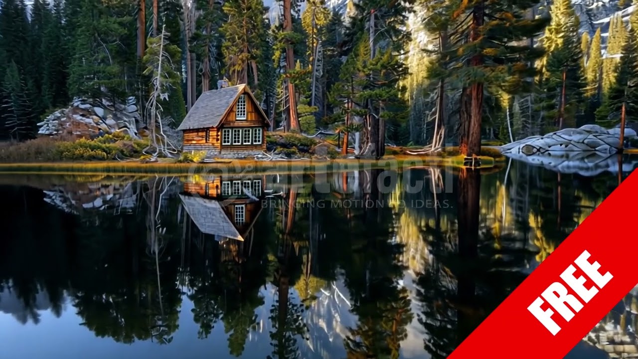🌲 Forest Cabin Reflected on Calm Lake – Free Serene Stock Footage