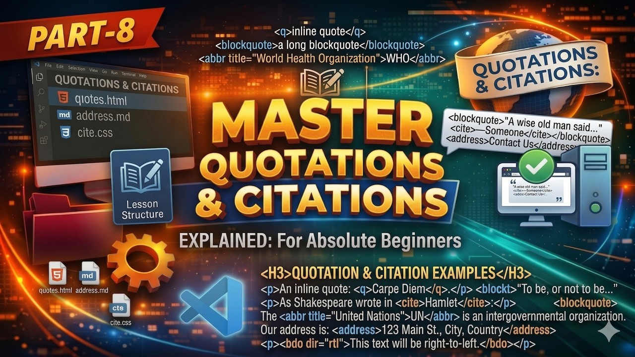 HTML Quotation & Citation Elements Explained (q, blockquote, abbr, address, cite, bdo)
