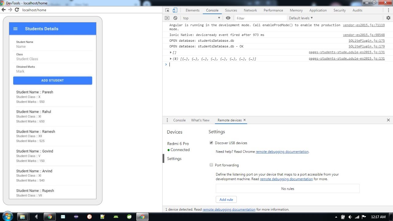 SQLite Database in Ionic 4:  INSERT Query with App Debugging