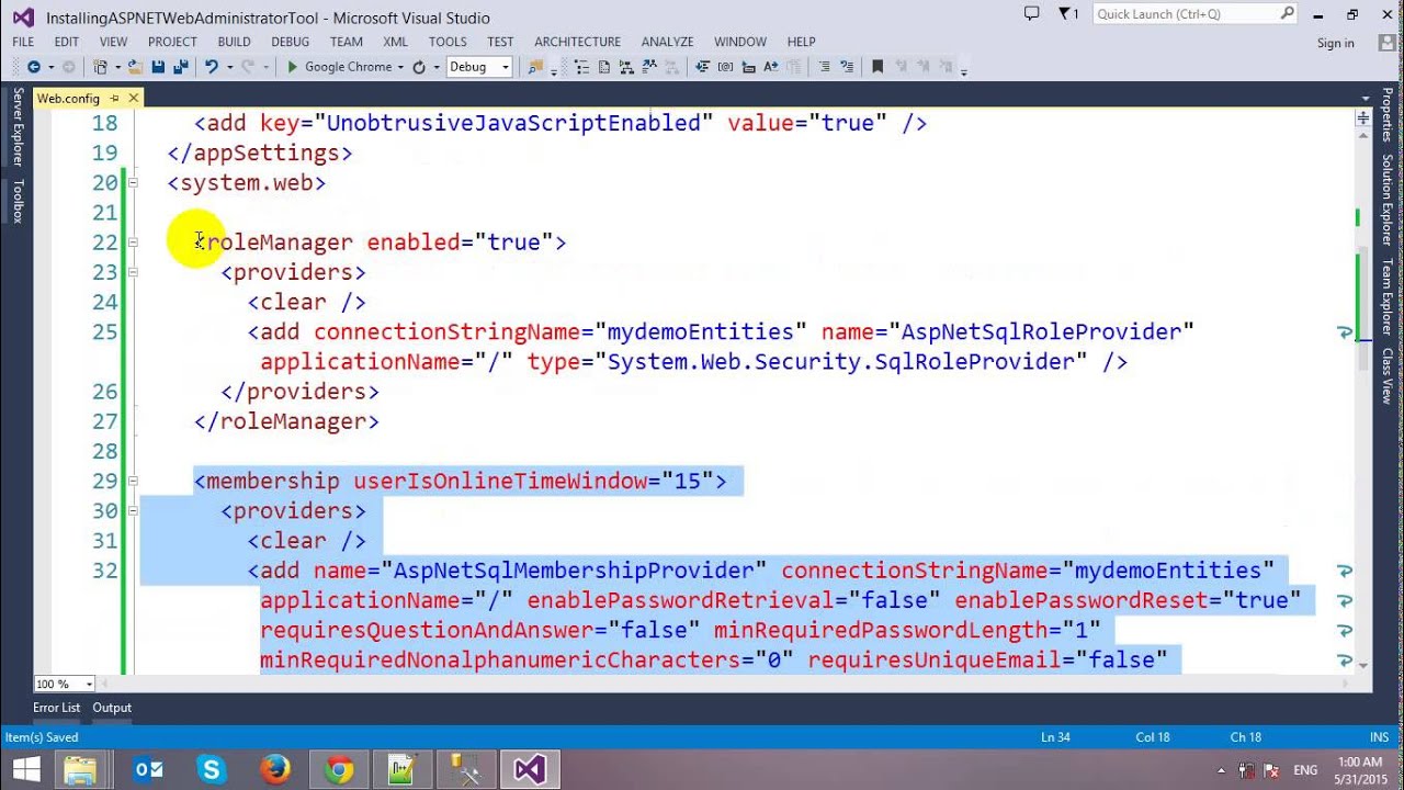 ASP.NET Web Configuration Tool in Visual Studio 2013