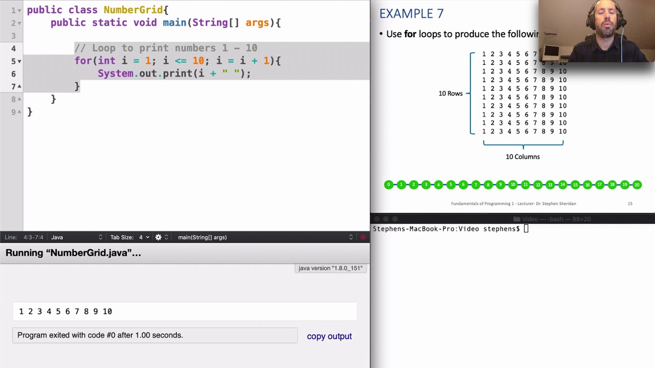 Print the numbers one to ten in a grid pattern using a nested for loop in Java