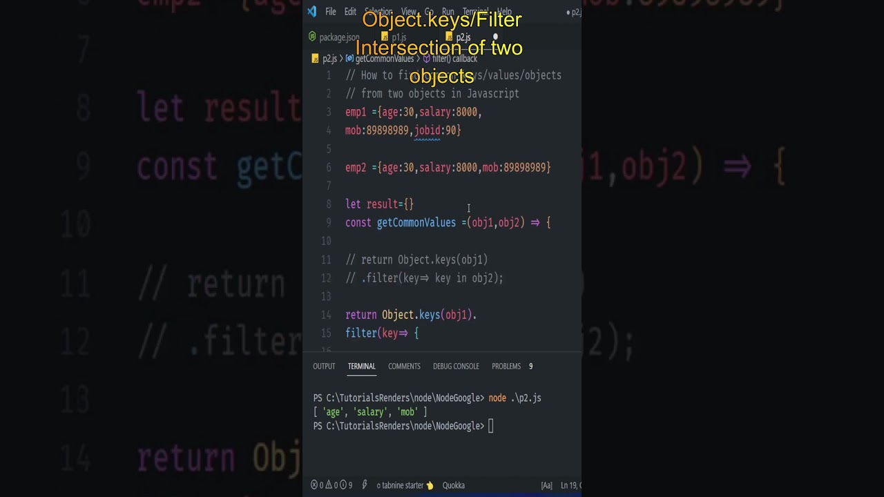 Javascript:  common key/value pairs  from  two objects. Filter. #shorts, #youtubeshots , #javascript