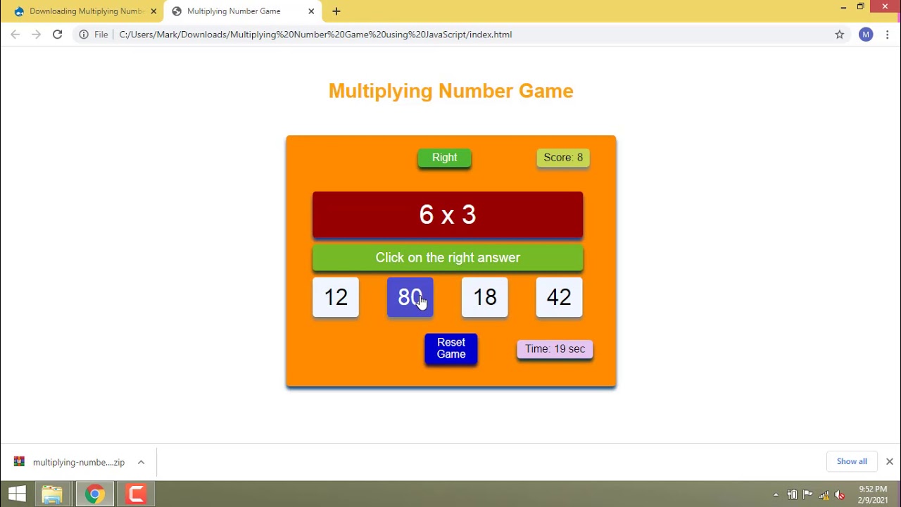 Multiplying Number Game using JavaScript