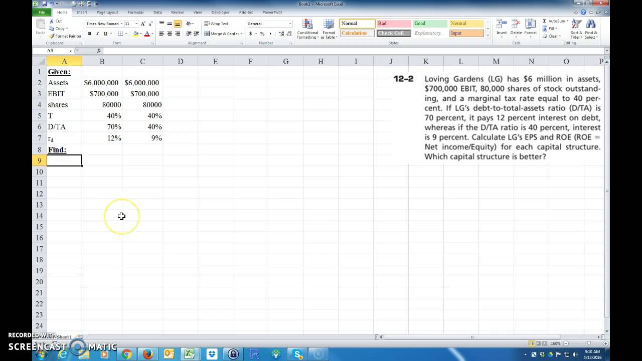 Calculating EPS and ROE on Excel with 2 capital structures