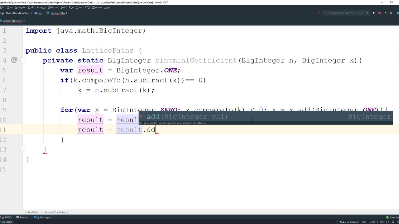 Project Euler problem 15 java : Lattice paths