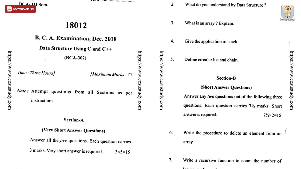 BCA 3RD SEM DATA STRUCTURE USING C AND CPP DEC 2018 | CCSU