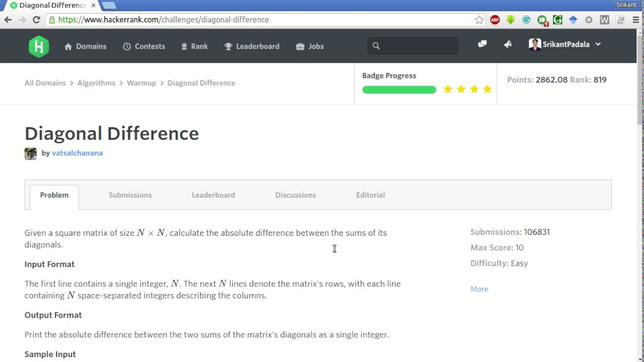HackerRank | Diagonal Difference Solution