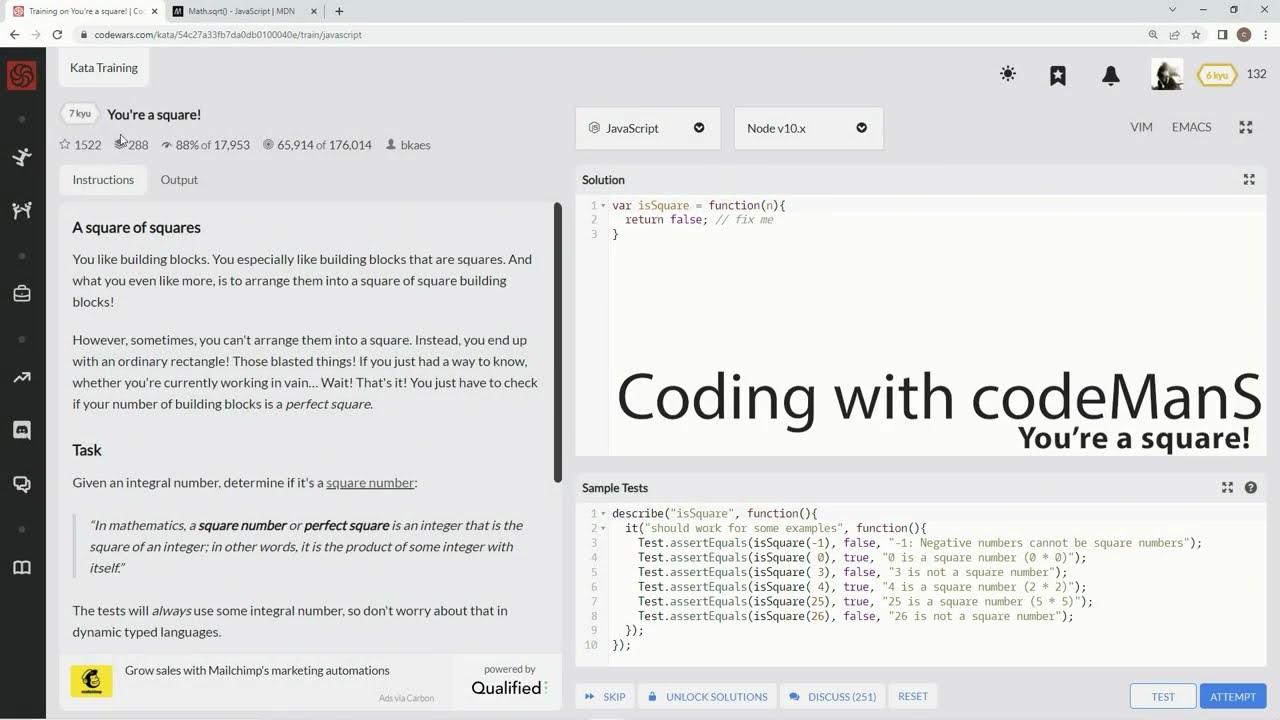 Codewars 7 kyu You're a Square! JavaScript