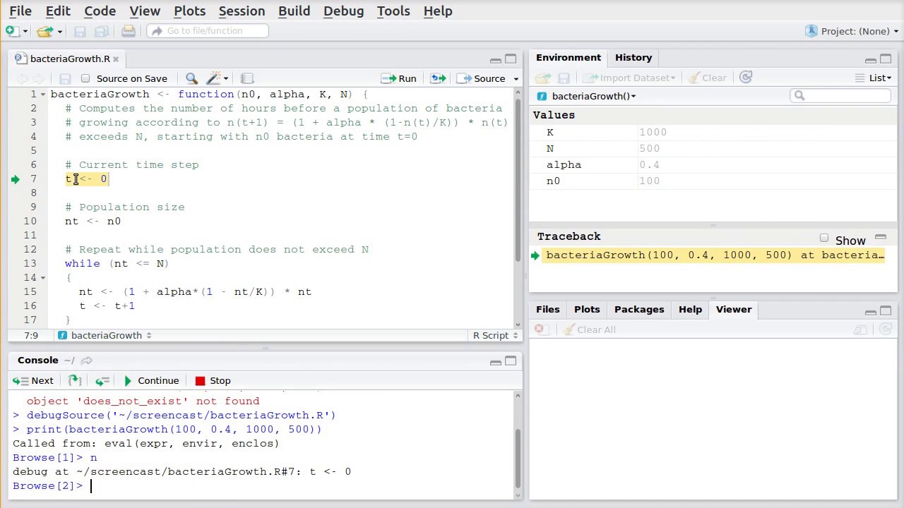 Using the debugger (R)