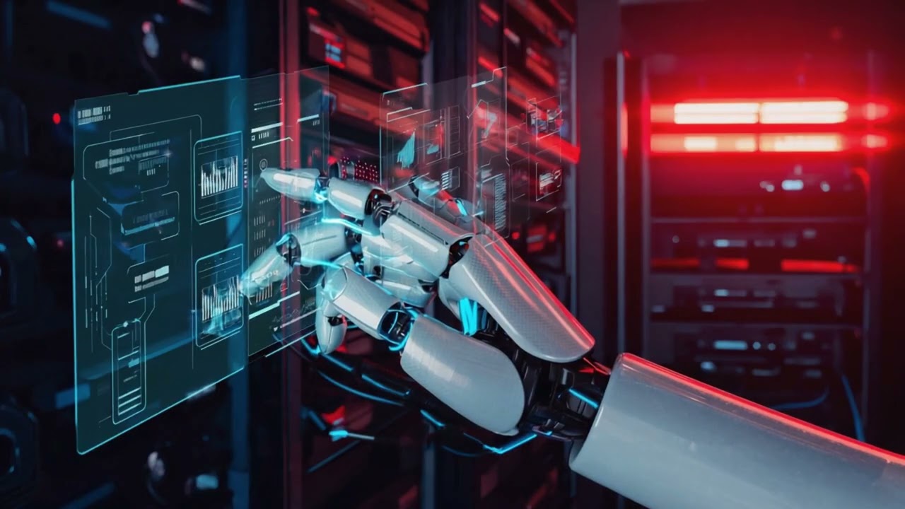 AI Robotic Hand Interacting with Futuristic Data Interface