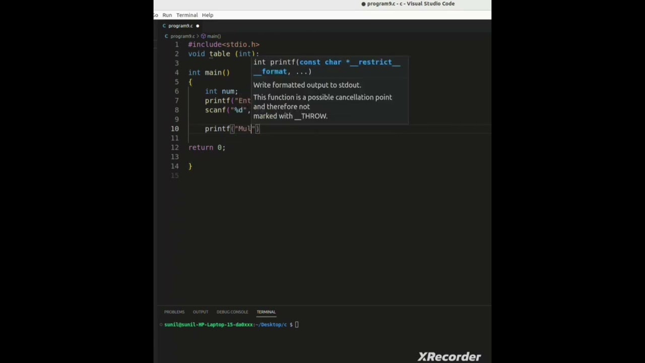 Multiplication table using function in c programming | c programming in Linux(day-21)