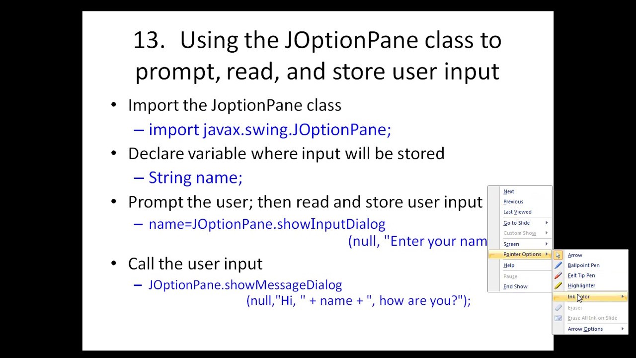 Getting input using the JOptionPane class