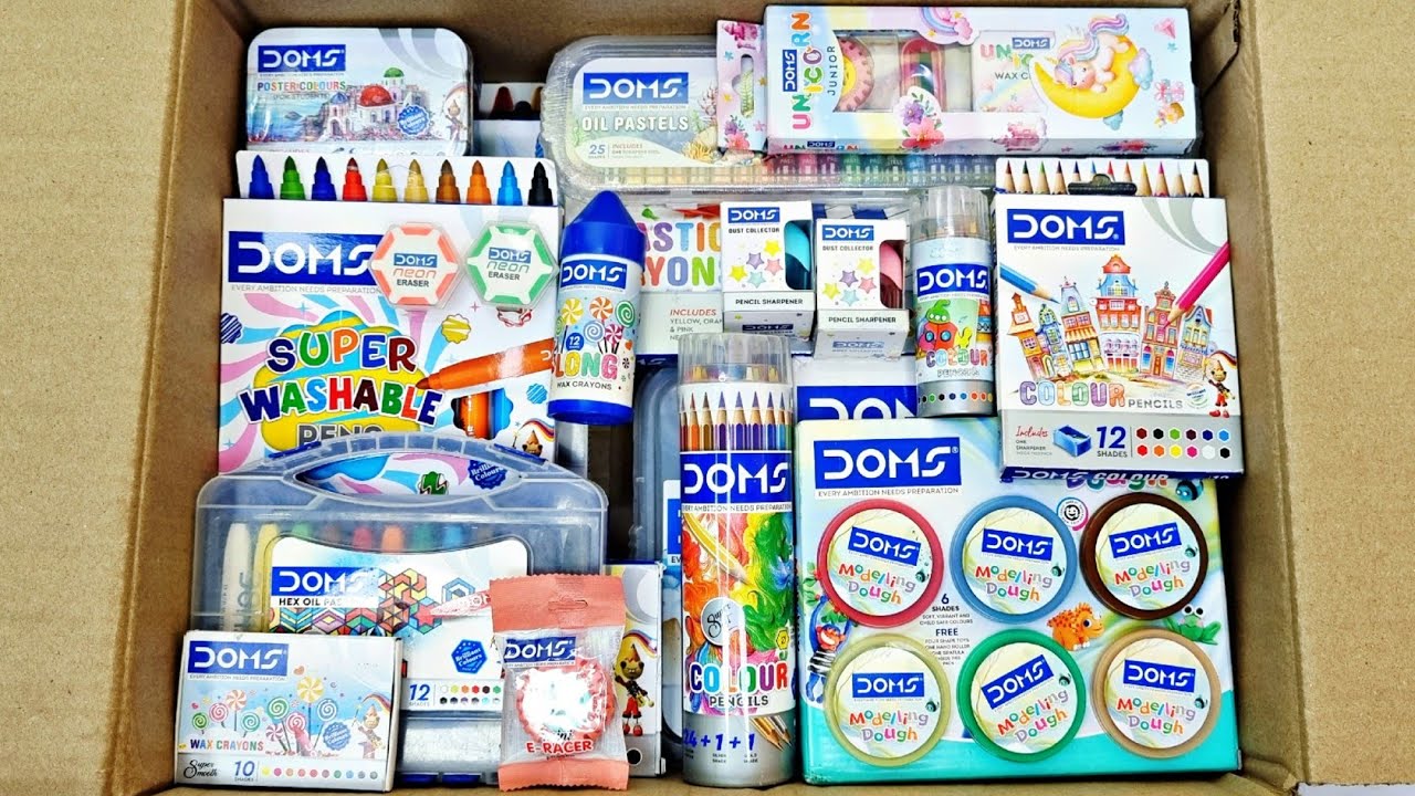 Unboxing DOMS Stationery, Brush Pen, Wax Crayons, Eraser, Sharpener, Pencil, Oil Pastel, @domsindia