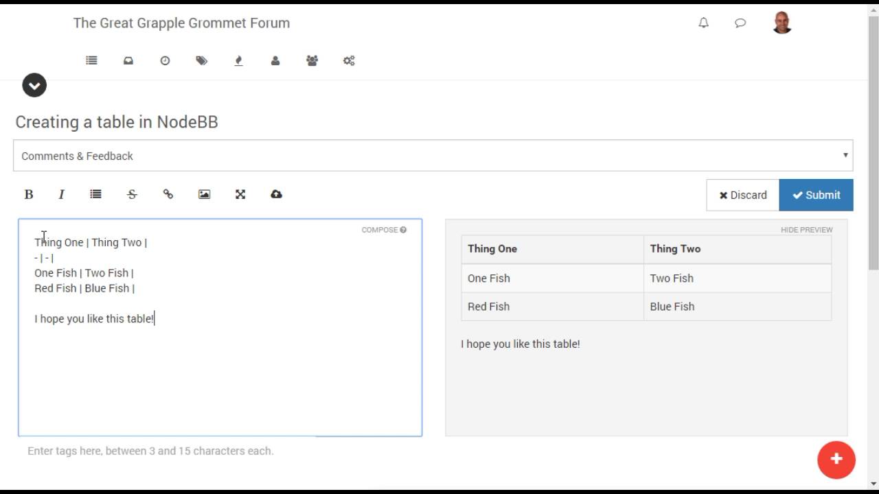 Creating a table in NodeBB