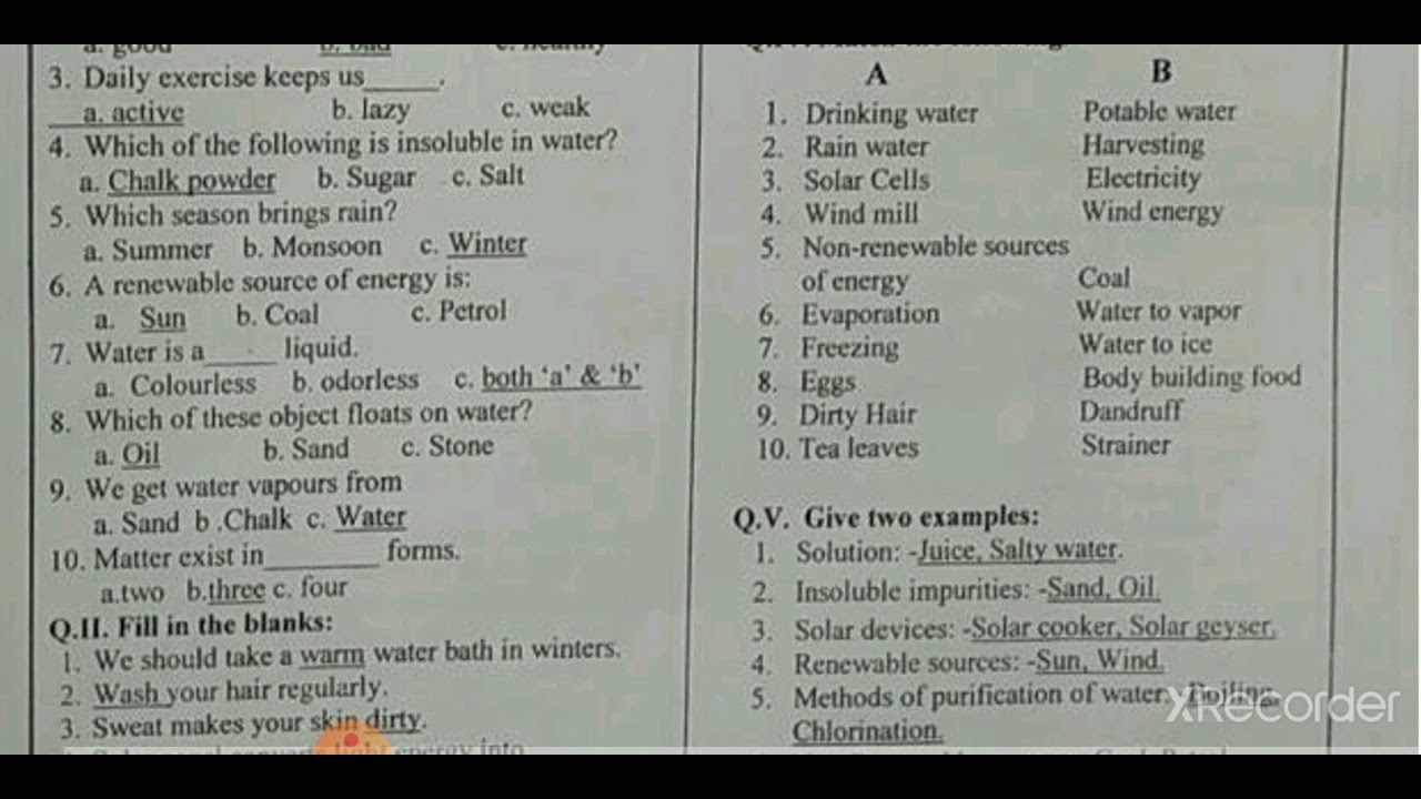 Revision of Science Worksheet Class 3