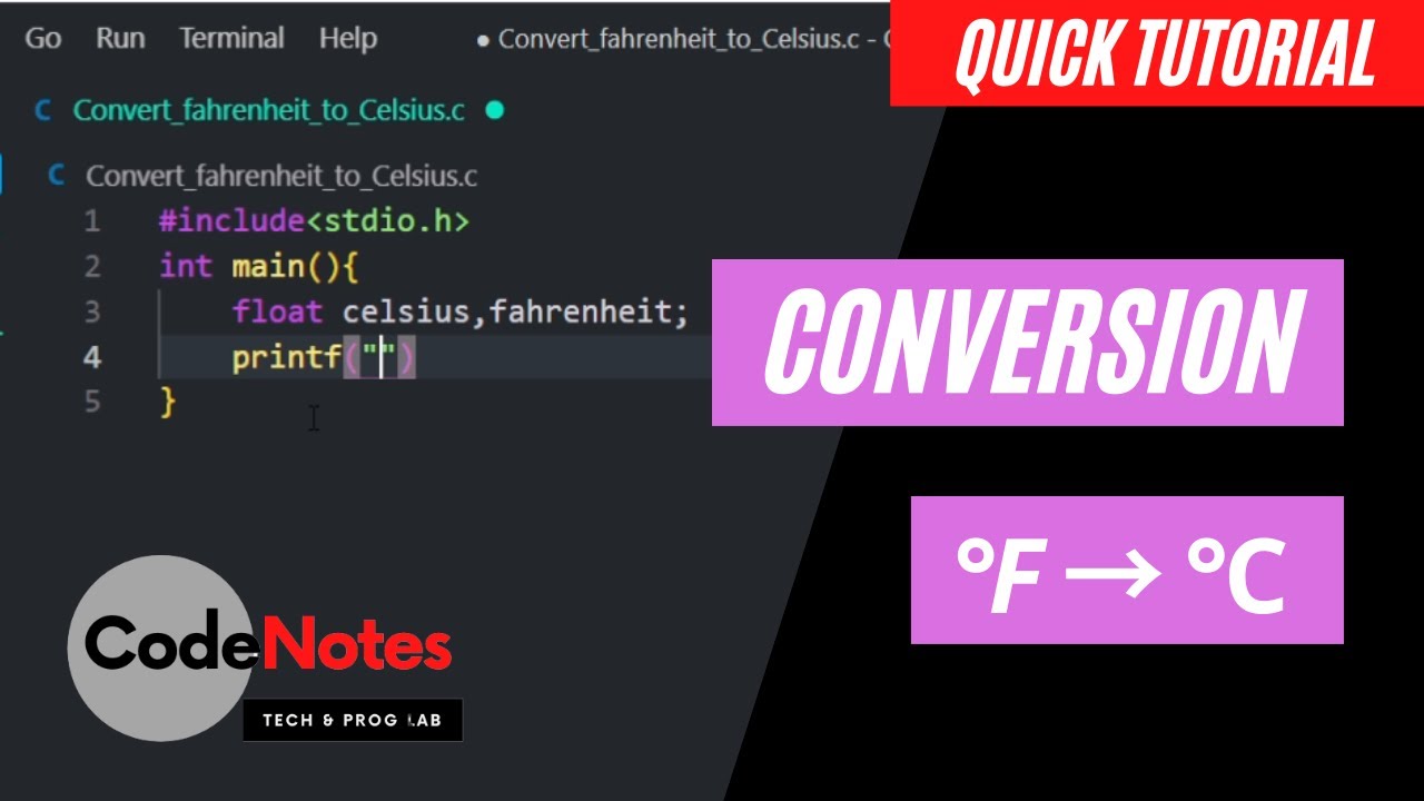 Program Convert degree Fahrenheit  to Celsius | C Program | CodeNotes