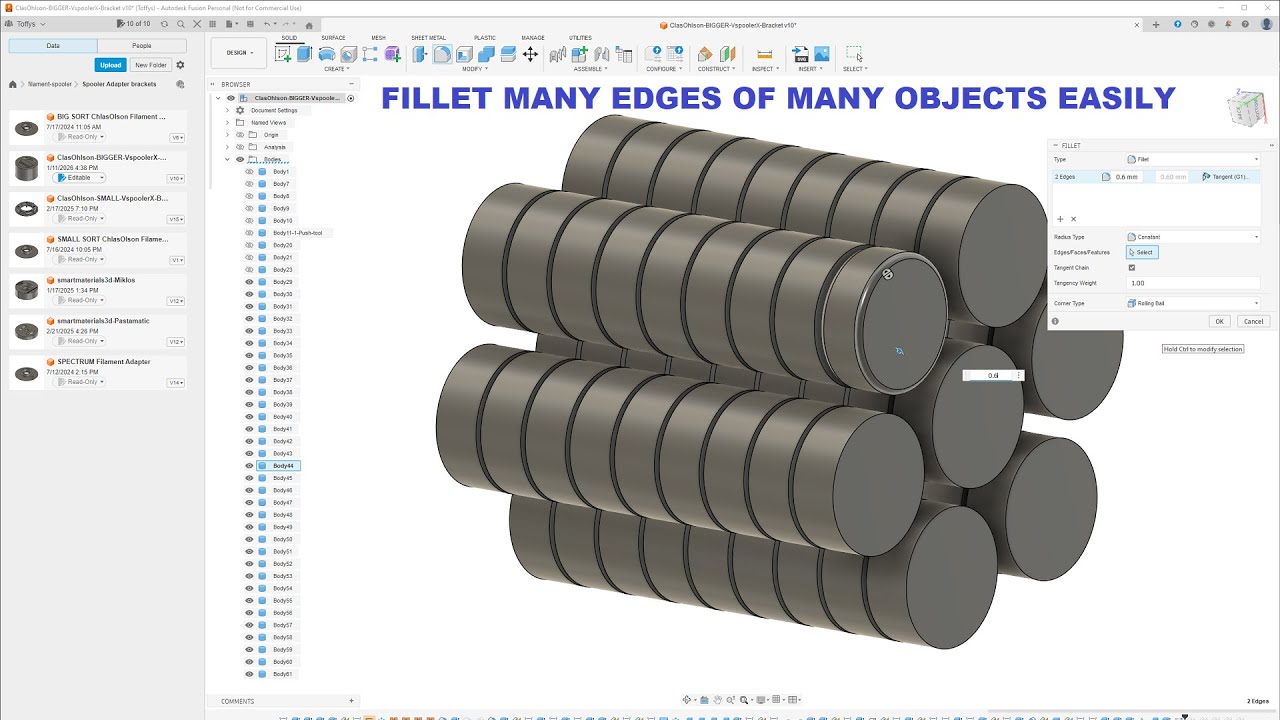 Fusion 360 - Fillet many objects's edges at the same time easily