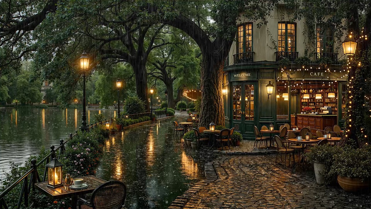 Deep & Calm Jazz in a Cozy Rainy Lakeside Park Café 🌧️ Rain Sounds for Focus & Study | Jazz Playlist
