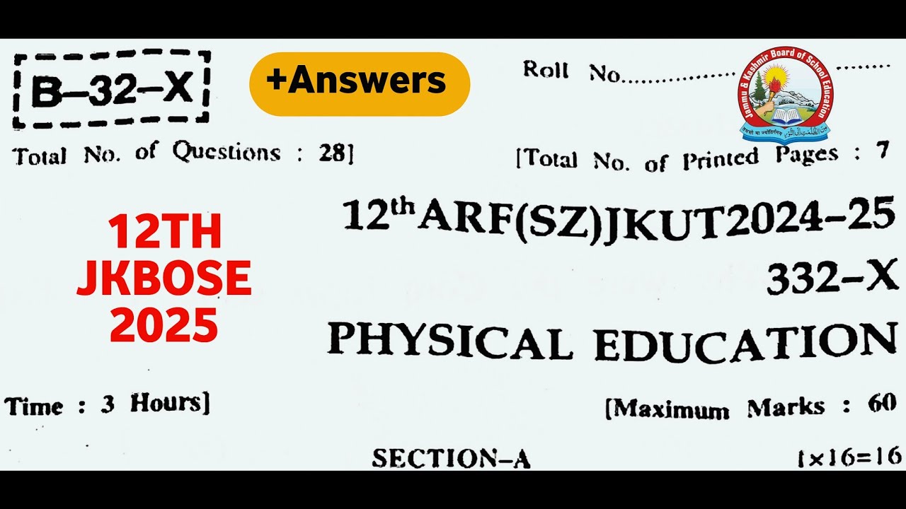 jkbose class 12th physical education paper 2025 |jkbose physical education class 12 | x series