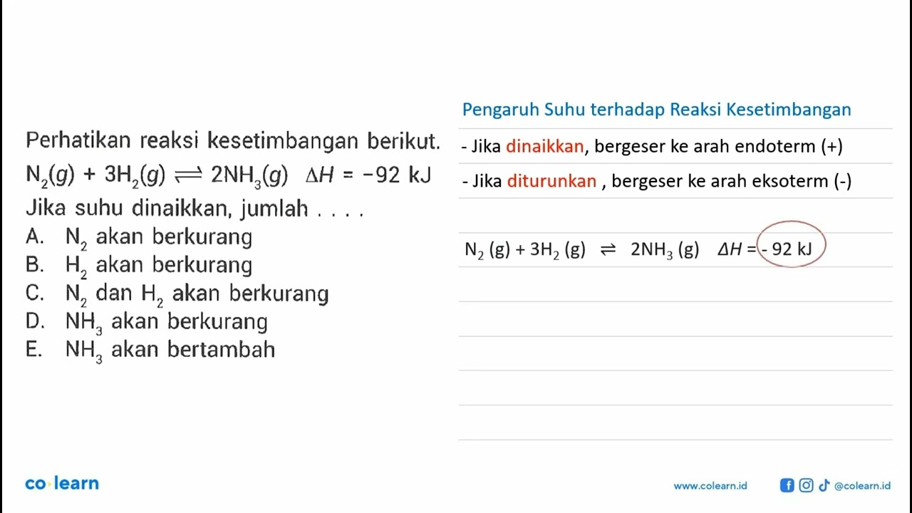 Consider the following equilibrium reaction. N2(g)+3H2(g) <=> 2NH3(g) delta H=-92 kJ If the...