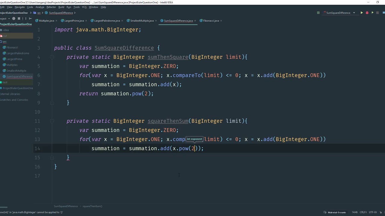 Project Euler Question 6 solution in Java : Sum square difference