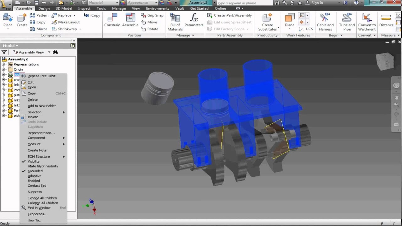 tutorial autodesk inventor assembly constraints and animation simple engine