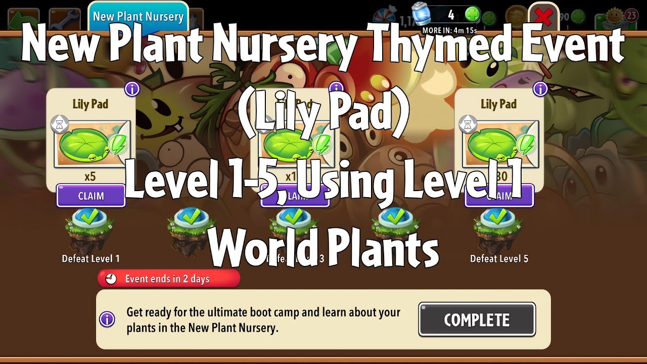 PvZ2 NPN Thymed Event (Lily Pad), Level 1-5, Using Level 1 World Plants - Gameplay