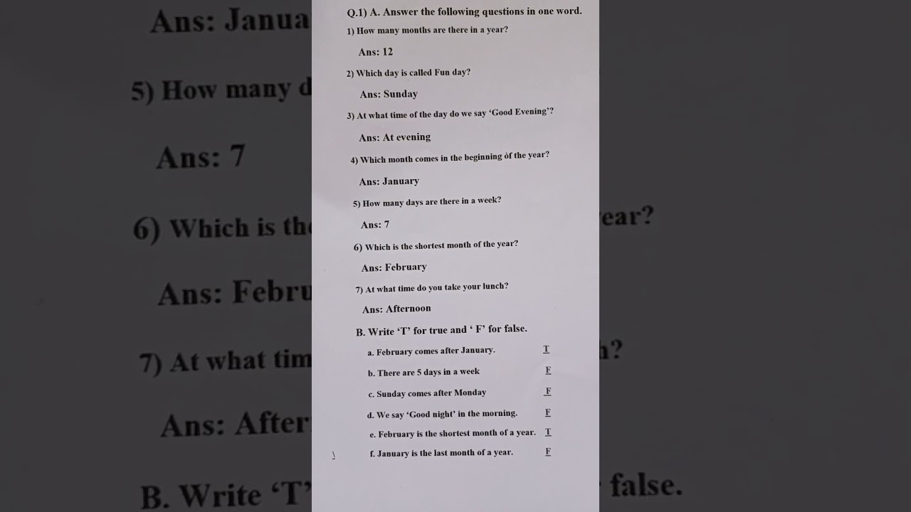 Maths Worksheet for Class-1 | months, Days