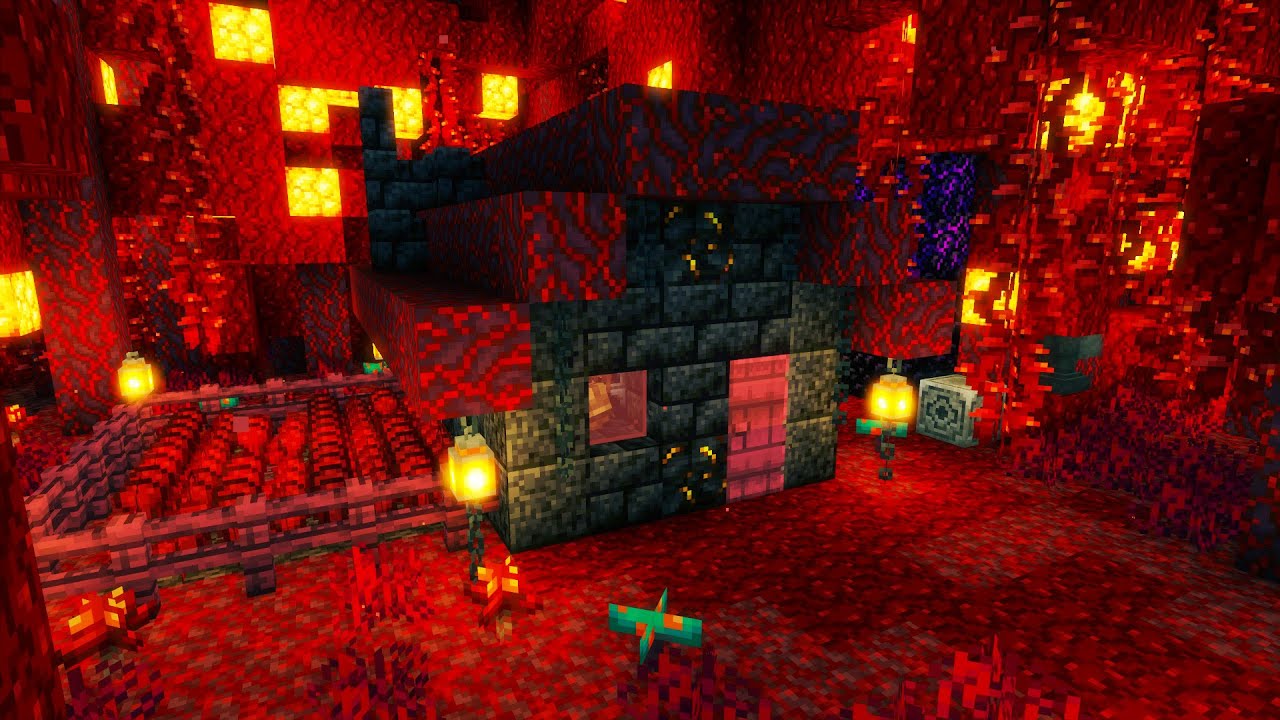 Simple, Hidden, and Compact CRIMSON COTTAGE in the woods! - Minecraft Nether Update House tutorial