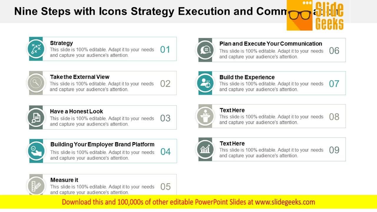 Nine Steps With Icons Strategy Execution And Communication Ppt Powerpoint Presentation Icon Rules