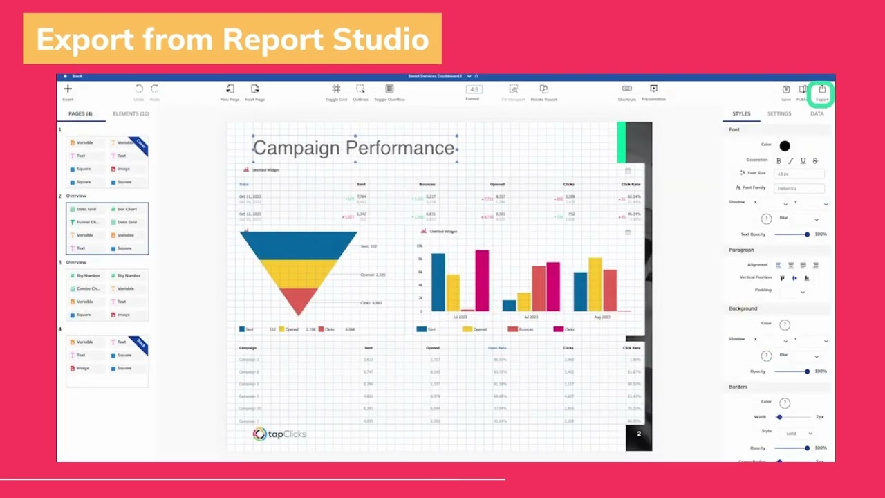 How do you export a PDF report from TapClicks?