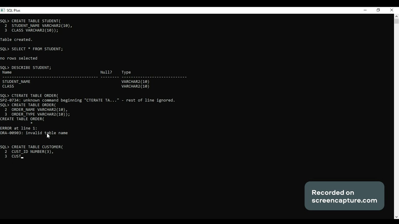 How to create table in database using sqlplus/ table create //relational data base//data