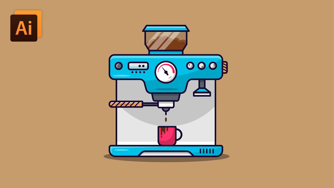 Drawing a Flat Coffee Machine Illustration Design- Adobe Illustrator CC Tutorial | Vector design