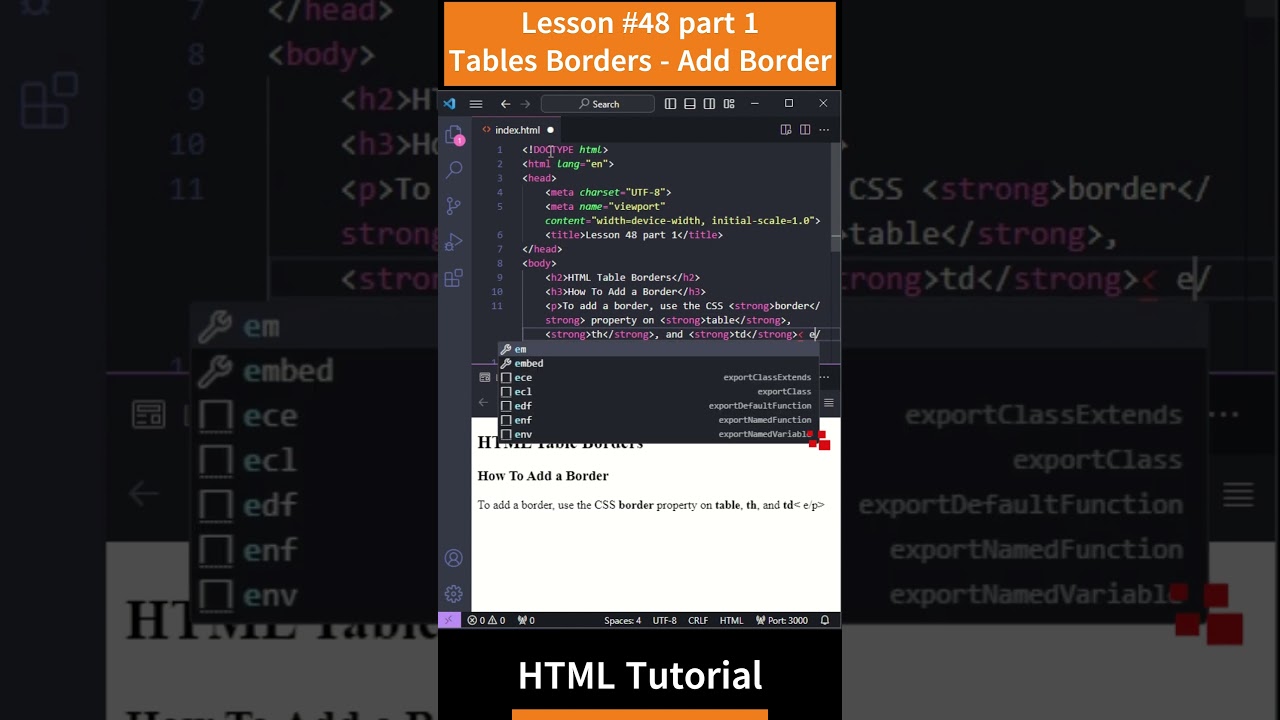 HTML Tutorial - Lesson 48: HTML Tables Borders - Add a borde com CSS Part 1 #shorts #html