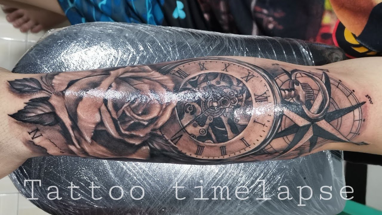 compass clock rose tattoo timelapse / bdworkz