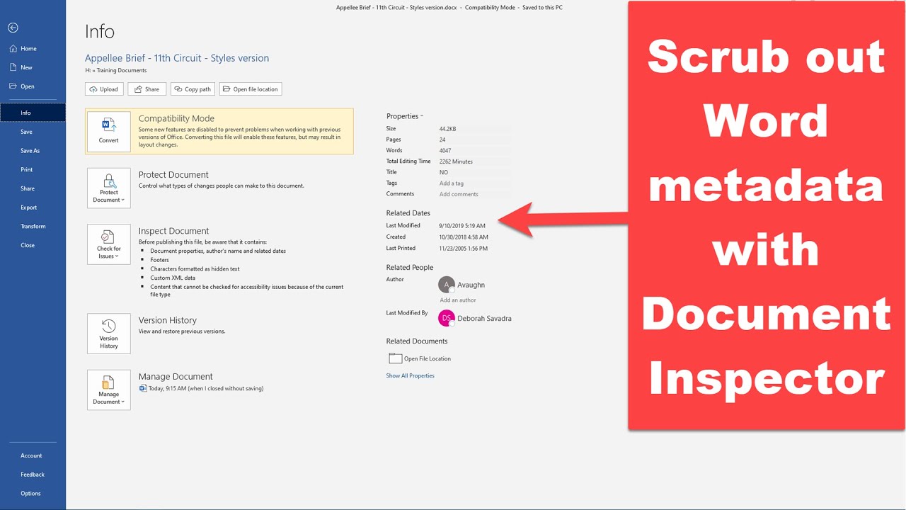 Scrub Word metadata with Document Inspector