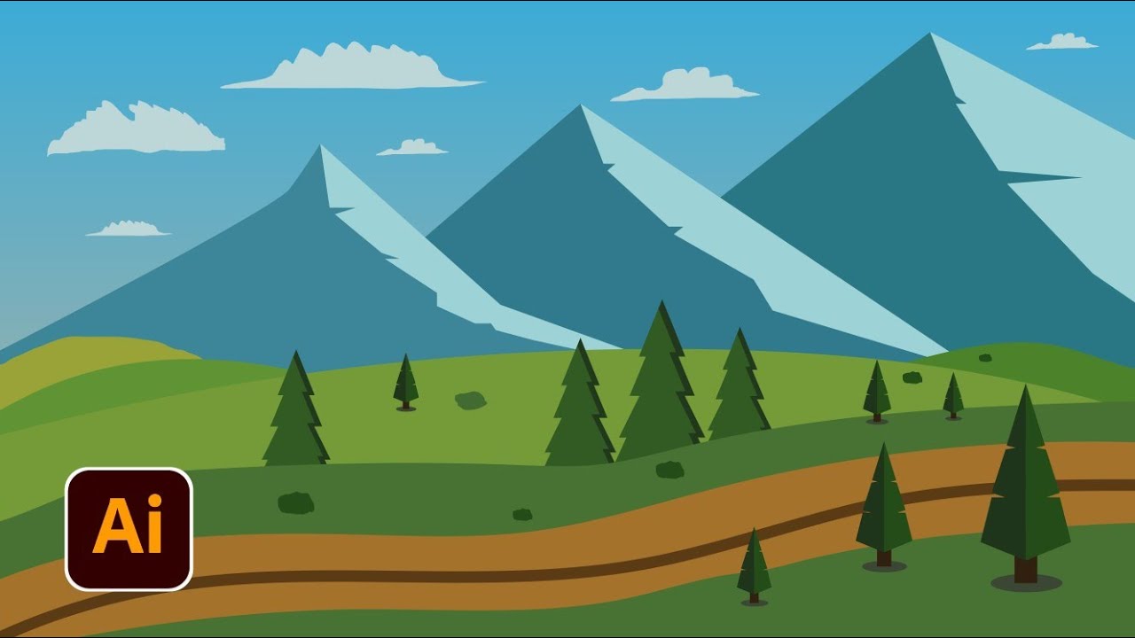 Green Field Mountains Landscape Vector Illustration | Adobe Illustrator Tutorial | Q Tube