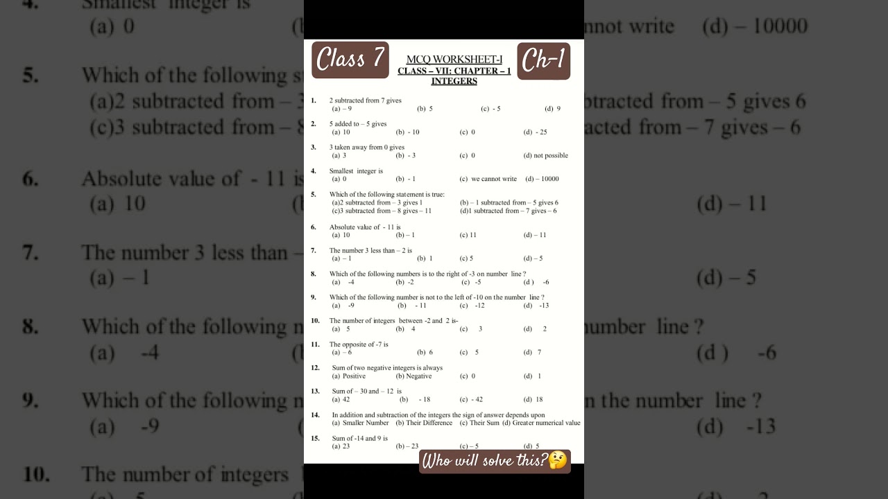 Class 7 |Maths|Chapter1|Integers |Assignment|Worksheet | #exampreparation #class7mathsolution #ncert