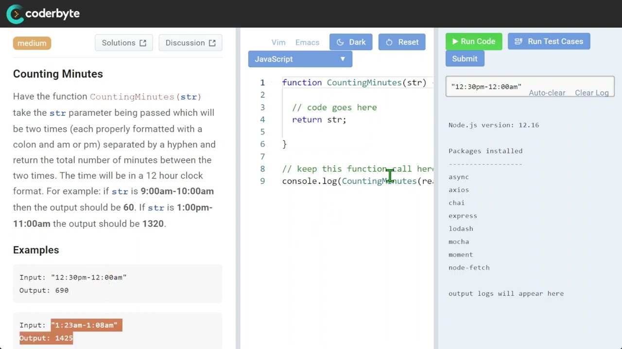 Coderbyte - Counting Minutes - Code challenge - JavaScript Solution Source Code